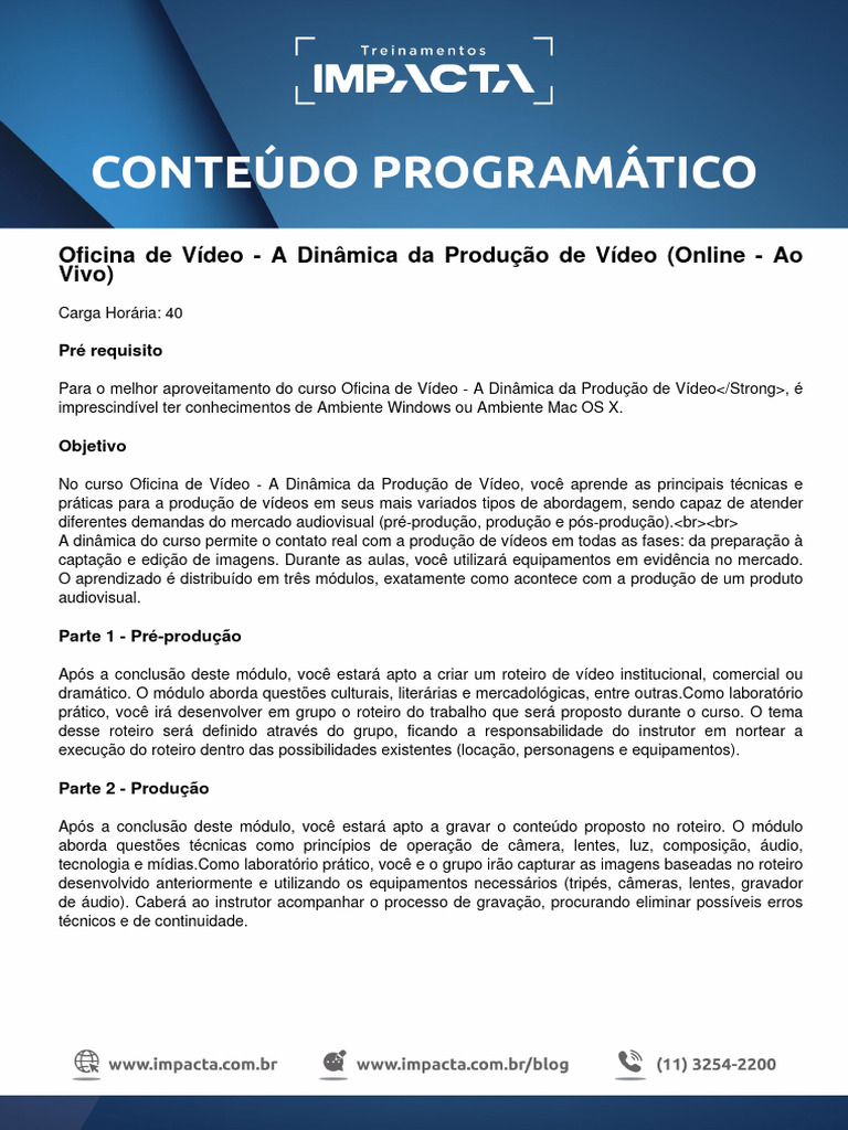 Conteúdo Programático - Oficina de Vídeo - A Dinâmica Da Produção de ...