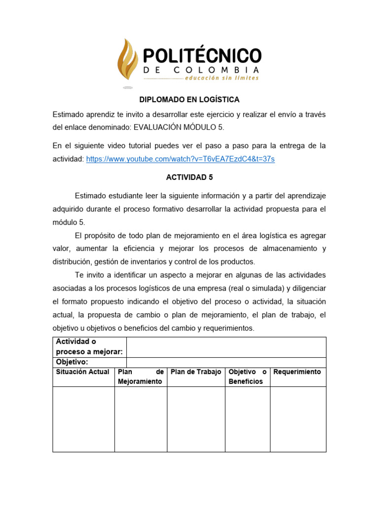 Formato Plan de Mejora en Logística | PDF | Logística | Almacén
