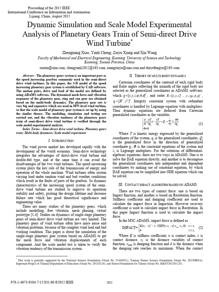 Planetary Gear Dynamics in Wind Turbines | PDF | Equations | Physics