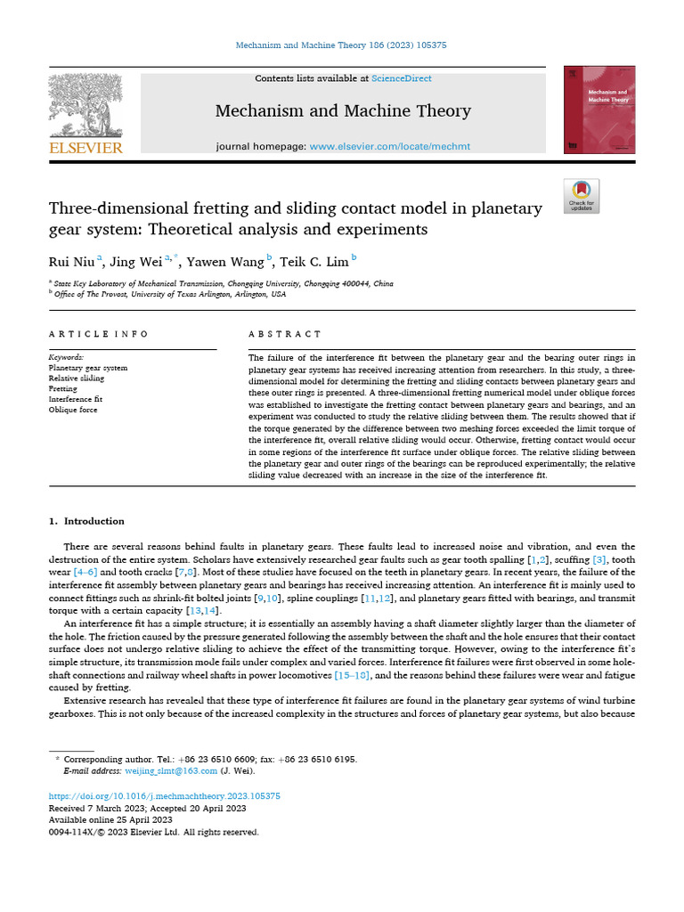 Three-Dimensional Fretting and Sliding Contact Model in Planetary Gear ...