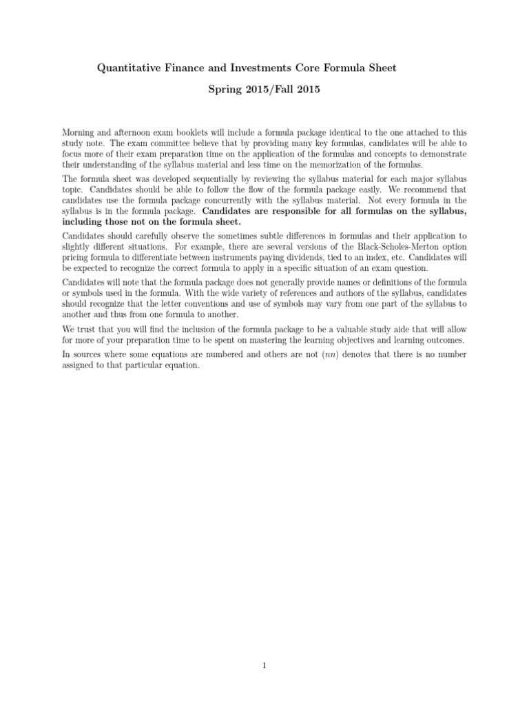 Edu 2013 Fall Exam Quant Fin Invest Core Formula | PDF | Black–Scholes ...