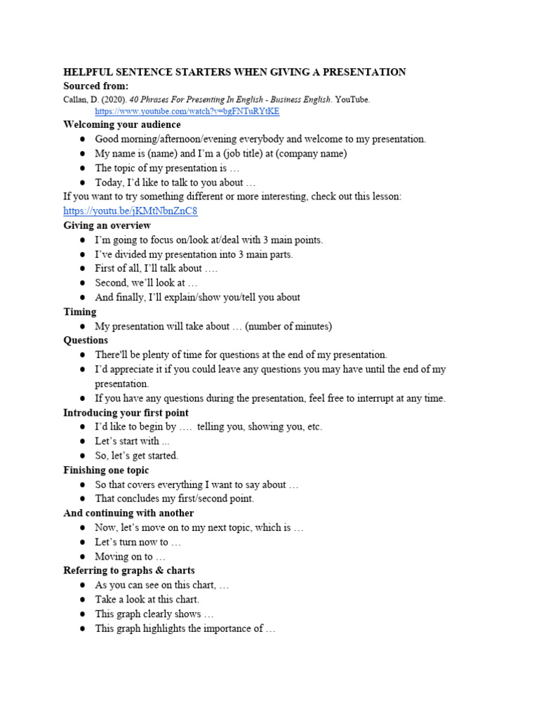 Copia de HELPFUL SENTENCE STARTERS WHEN GIVING A PRESENTATION | PDF