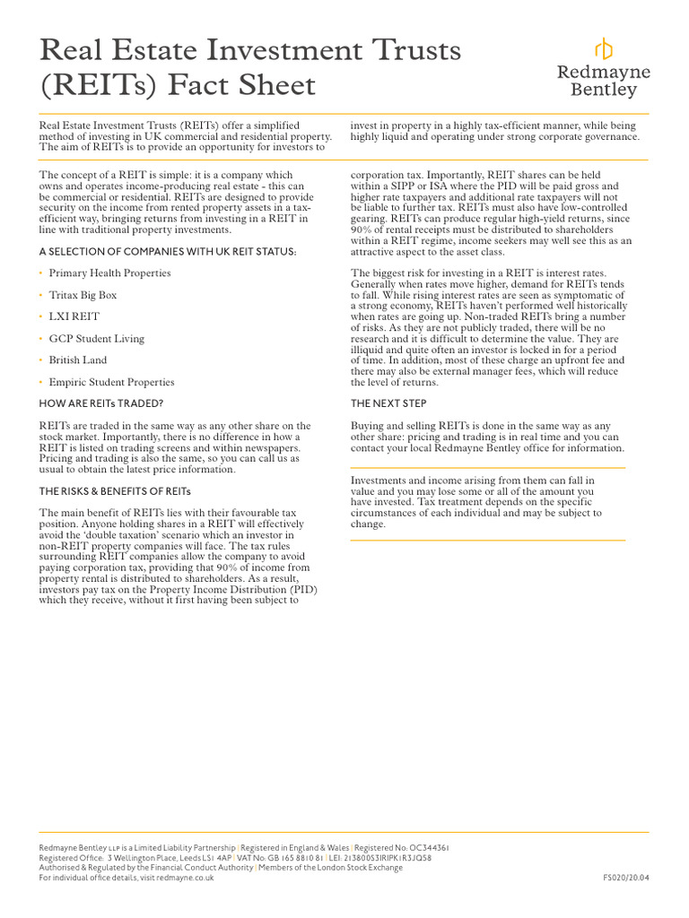 Fact Sheet - Real Estate Investment Trusts (REITs) | PDF | Real Estate ...
