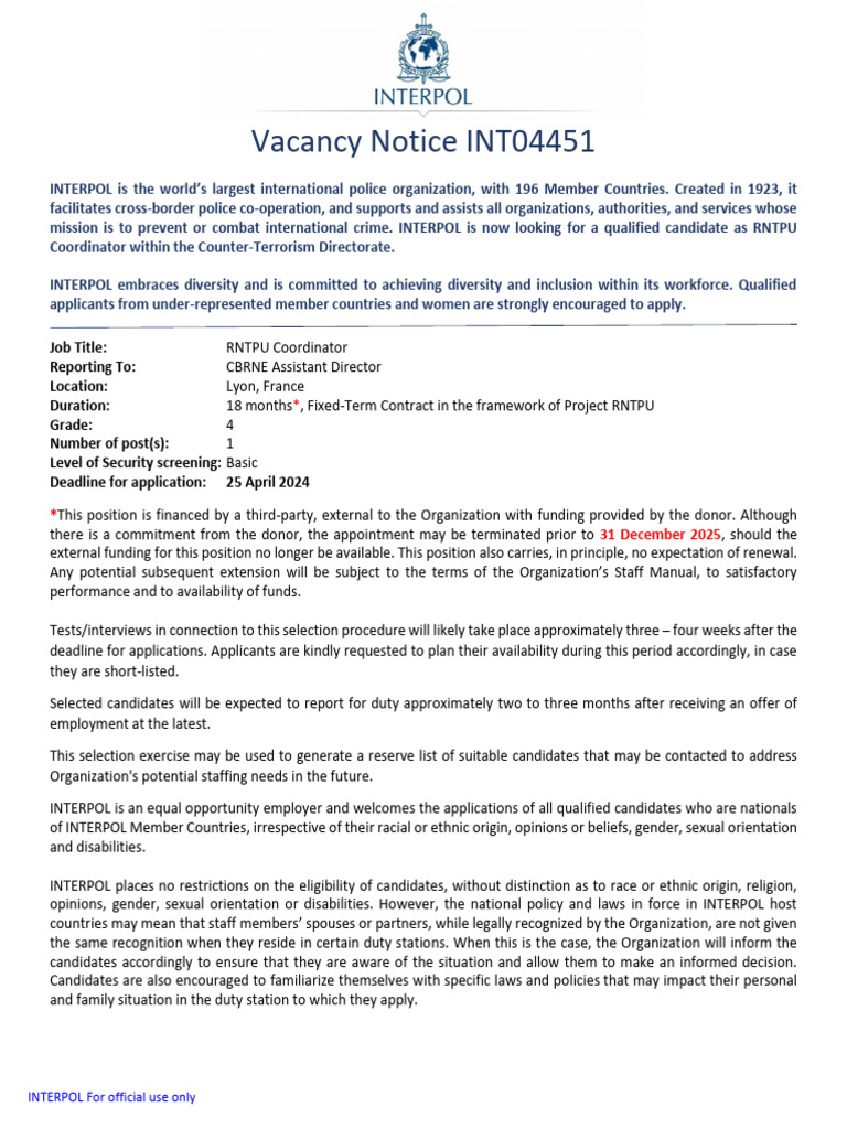 Vacancy Notice INT04451 - RNTPU Coordinator | PDF | Employment | Experience