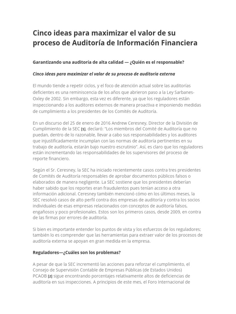 Cinco ideas para maximizar el valor de su proceso de Auditoría de Información Financiera | PDF ...