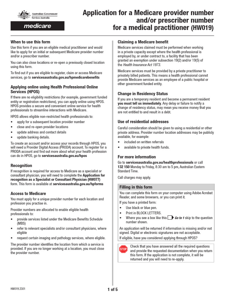 Application For A Medicare Provider Number And/or Prescriber Number For ...