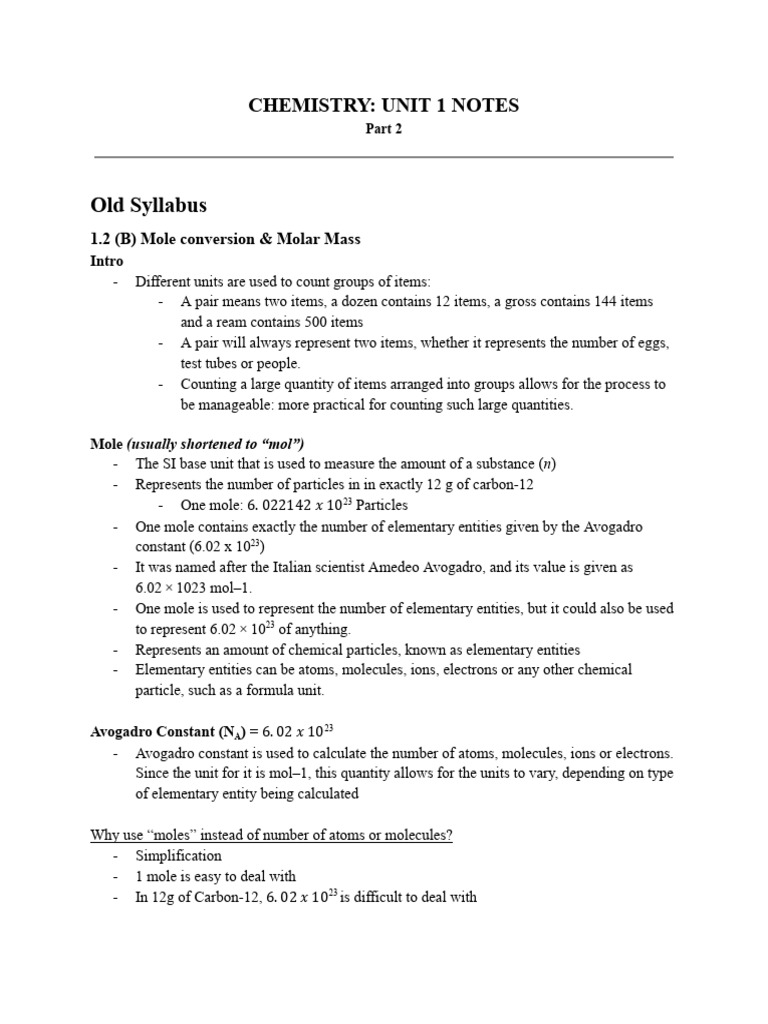 Chemistry Unit 1: Moles & Molar Mass | PDF | Mole (Unit) | Physical ...