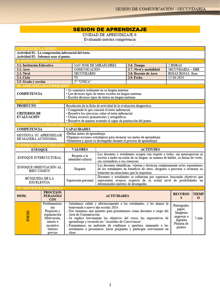 2° SESION ACTV O -COMUNICACIÓN 2024 | PDF | Evaluación | Aprendizaje