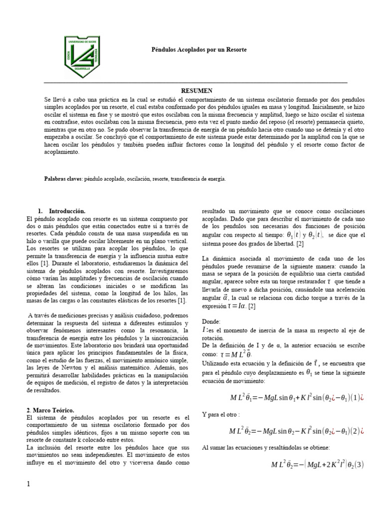 2 Pendulos Acoplados Por Un Resorte para Enviar (Reparado) | PDF | Oscilación | Péndulo
