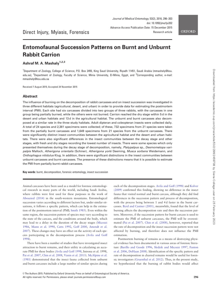 Entomofaunal Succession Patterns on Burnt and Unburnt Rabbit Carrion ...