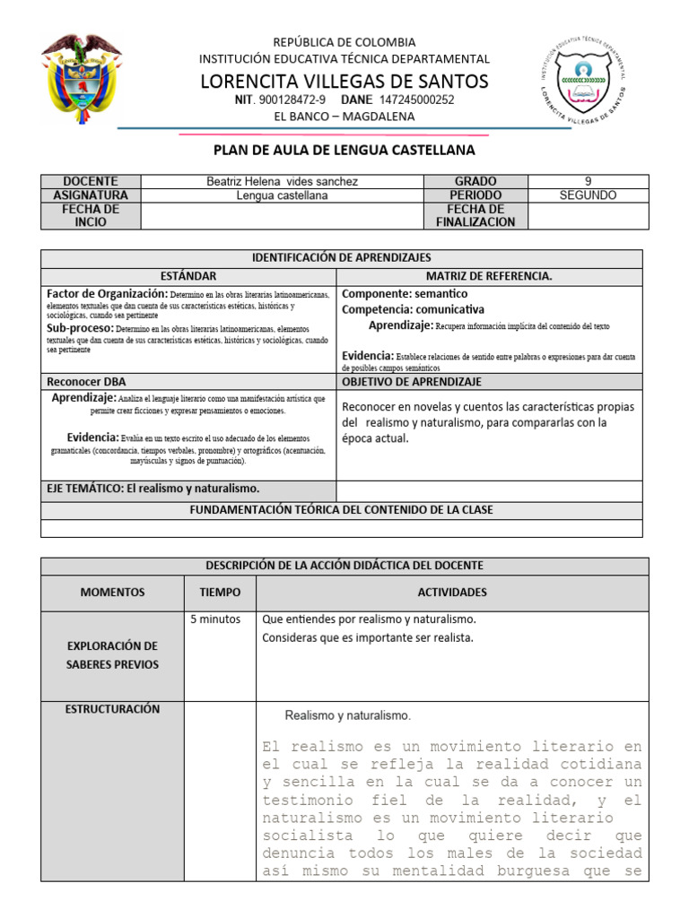 PLAN DE AULA LENGUA CASTELLANA (2 naturalismo y realismo. grado 9 | PDF | Realismo literario