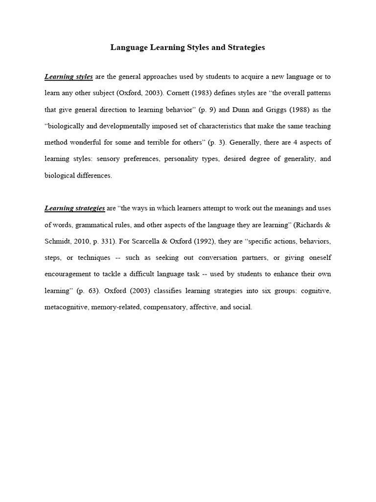 Language Learning Styles and Strategies | PDF