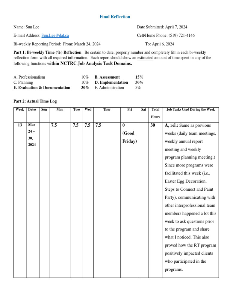 Internship Reflection and Time Log | PDF | Social Work | Occupational ...