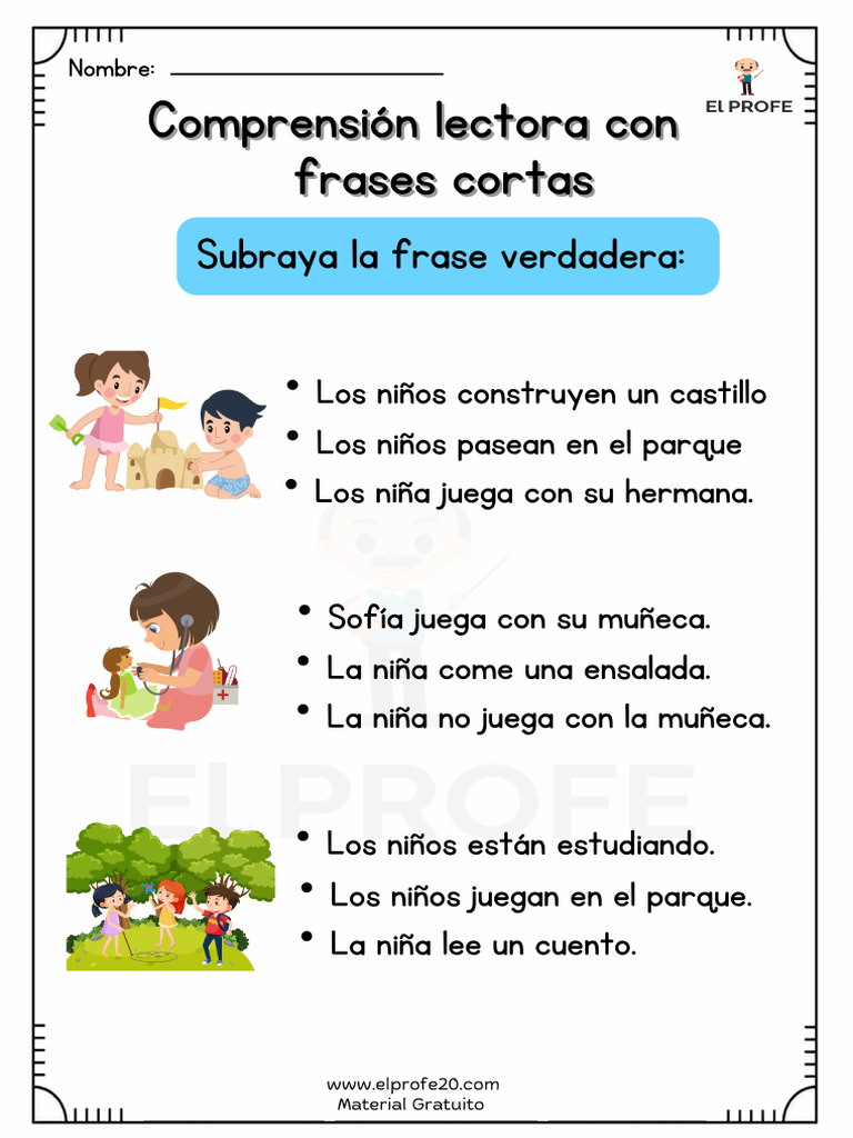 Ejercicios de Comprension Lectora Con Frases Cortas | PDF