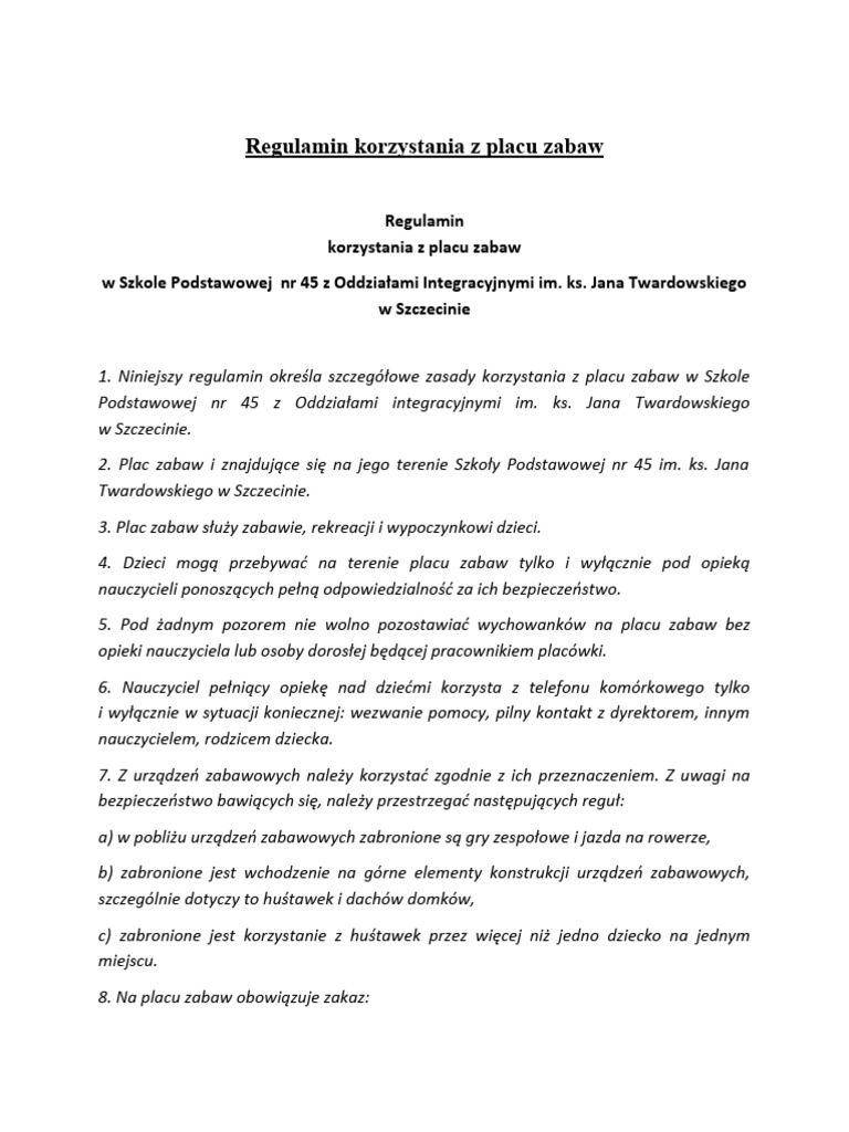 Regulamin Korzystania Z Placu Zabaw | PDF