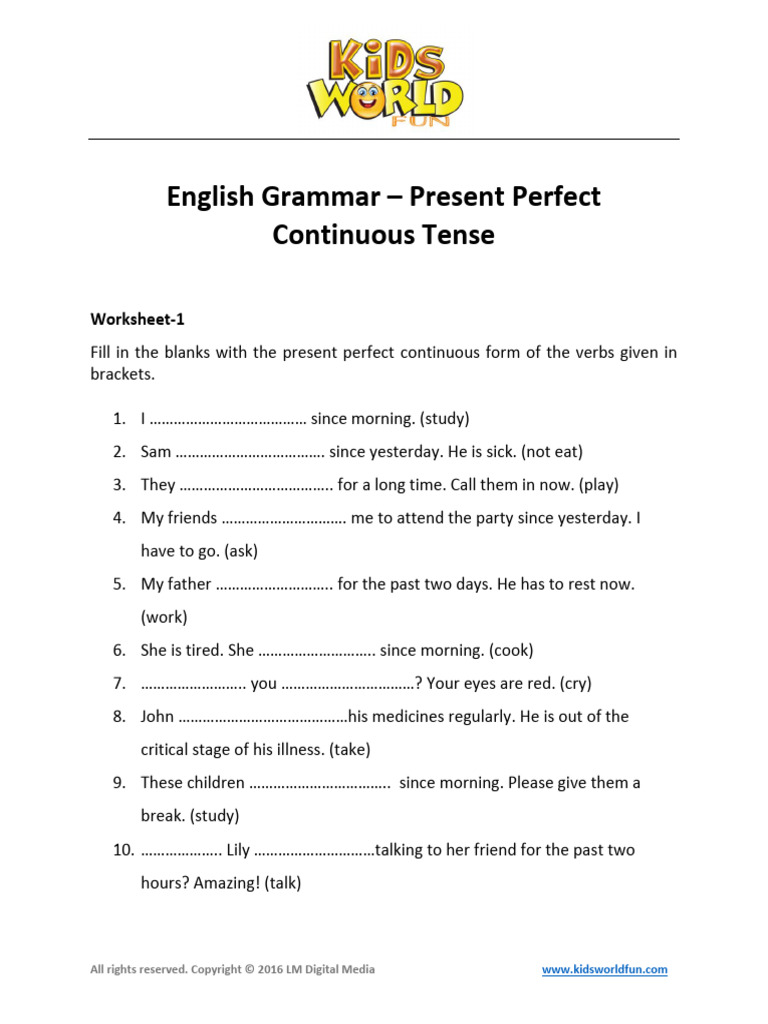 Present Perfect Continuous Tense Worksheets | PDF | Grammatical Tense | Linguistic Morphology