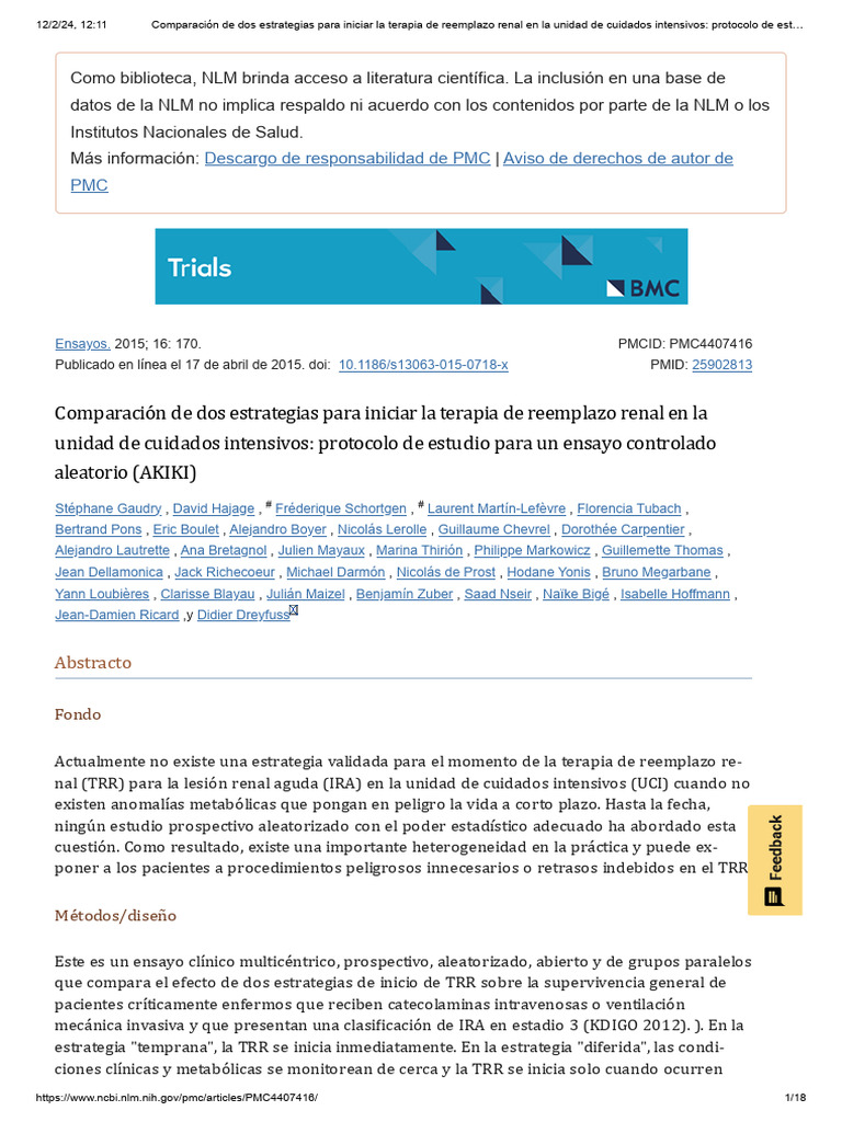 Comparación de Dos Estrategias para Iniciar La Terapia de Reemplazo Renal en La Unidad de ...