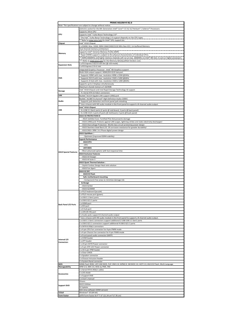 Prime+h310m-R+r2 0 | PDF | Personal Computers | Computer Hardware