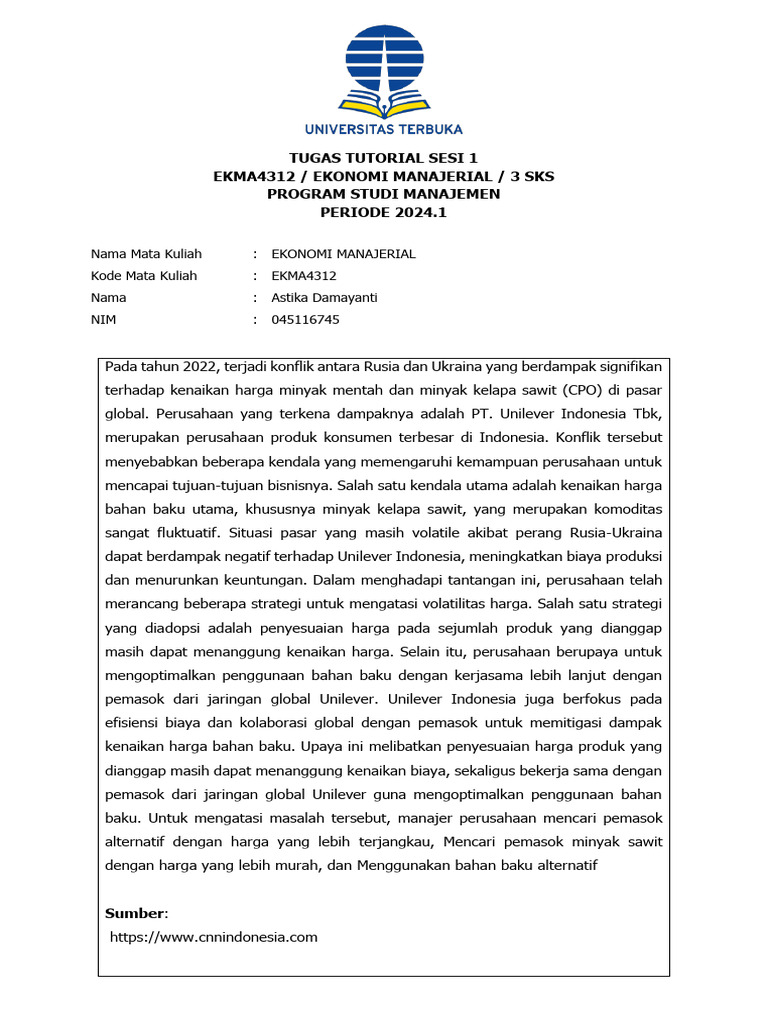 Astika Damayanti - Tugas 1 - Ekonomi Manajerial | PDF