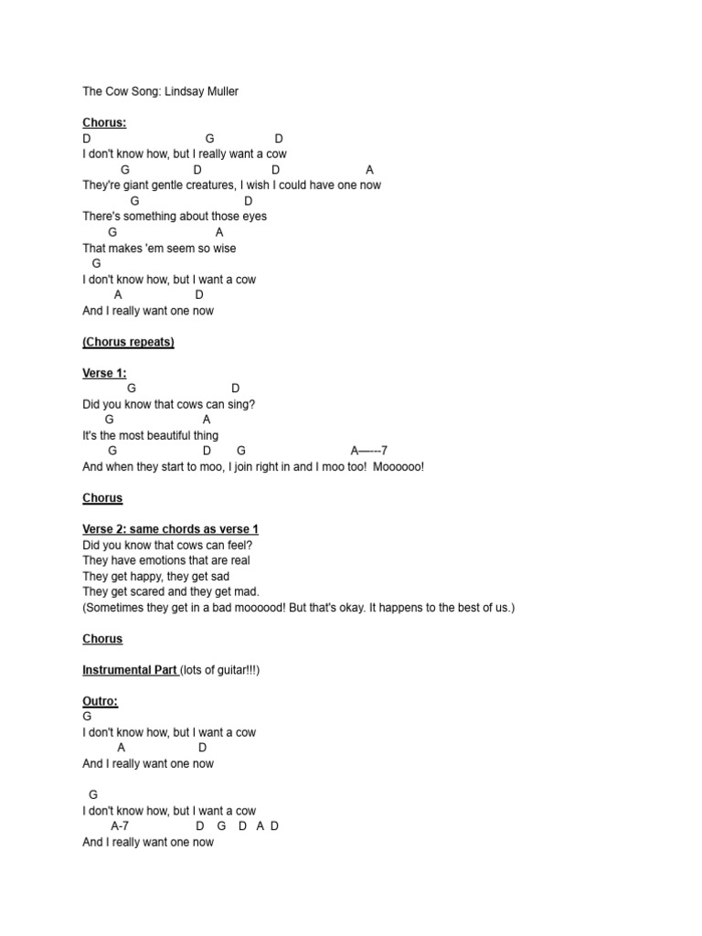 The Cow Song Lyrics by Lindsay Muller | PDF