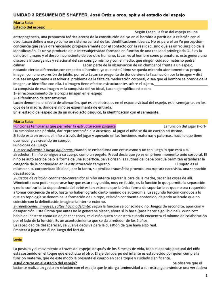 UNIDAD 3 RESUMEN DE SHAFFER, par 3 | PDF | Teoría de apego | Jacques Lacan