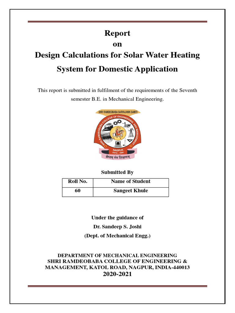 Design Calculations for Solar Water Heating System | PDF | Temperature ...