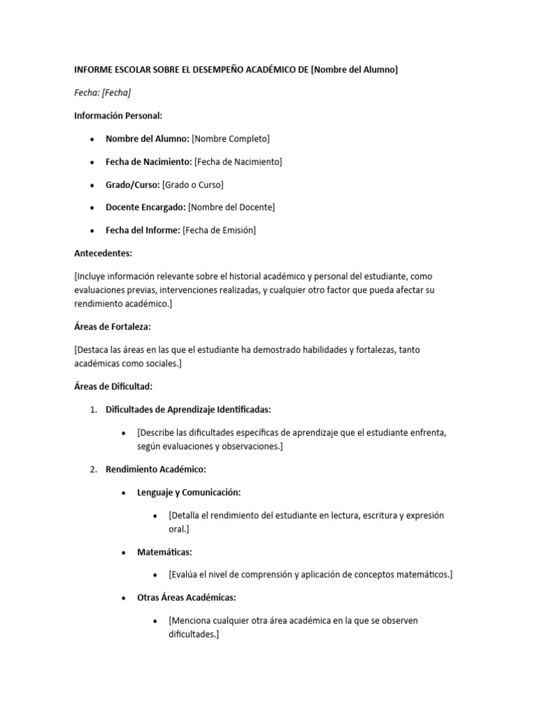 Modelo de Informe Escolar de Un Alumno Con Dificultades de Aprendizaje | Descargar gratis PDF ...