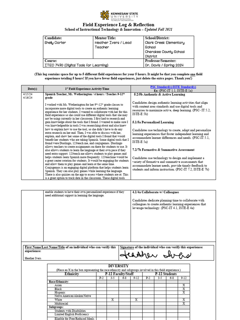 Shelly Carter Field Experience Log Itec 7430 | Download Free PDF | Teachers | Learning