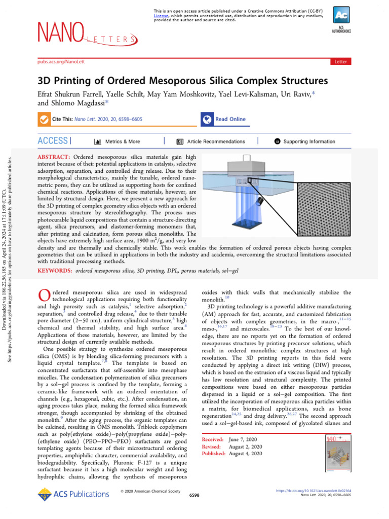 Shukrun Farrell Et Al 2020 3d Printing of Ordered Mesoporous Silica ...