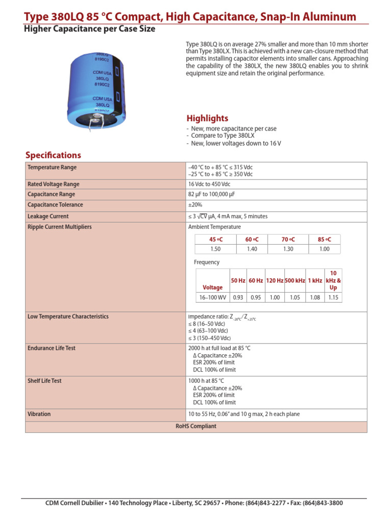 CDE (Snap-In) 380LQ Series | PDF | Capacitor | Capacitance