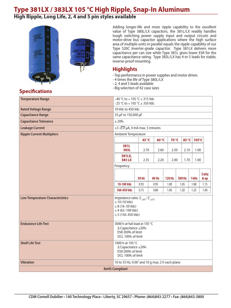 CDE (Snap-In) 381-383 LX Series | PDF | Capacitor | Power Supply