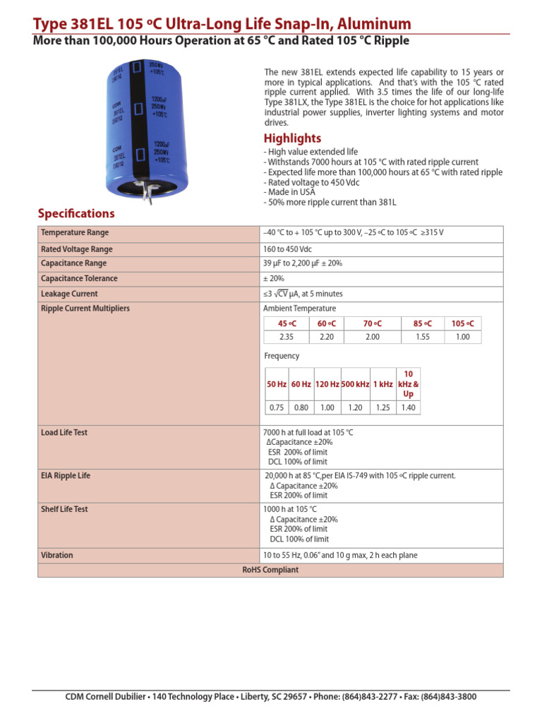 CDE (Snap-In) 381EL Series | PDF | Capacitor | Hertz