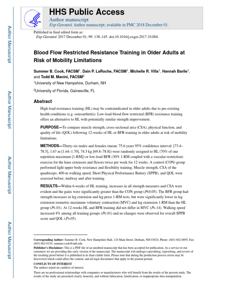 Blood Flow Restricted Resistance Training in Older Adults at | PDF ...