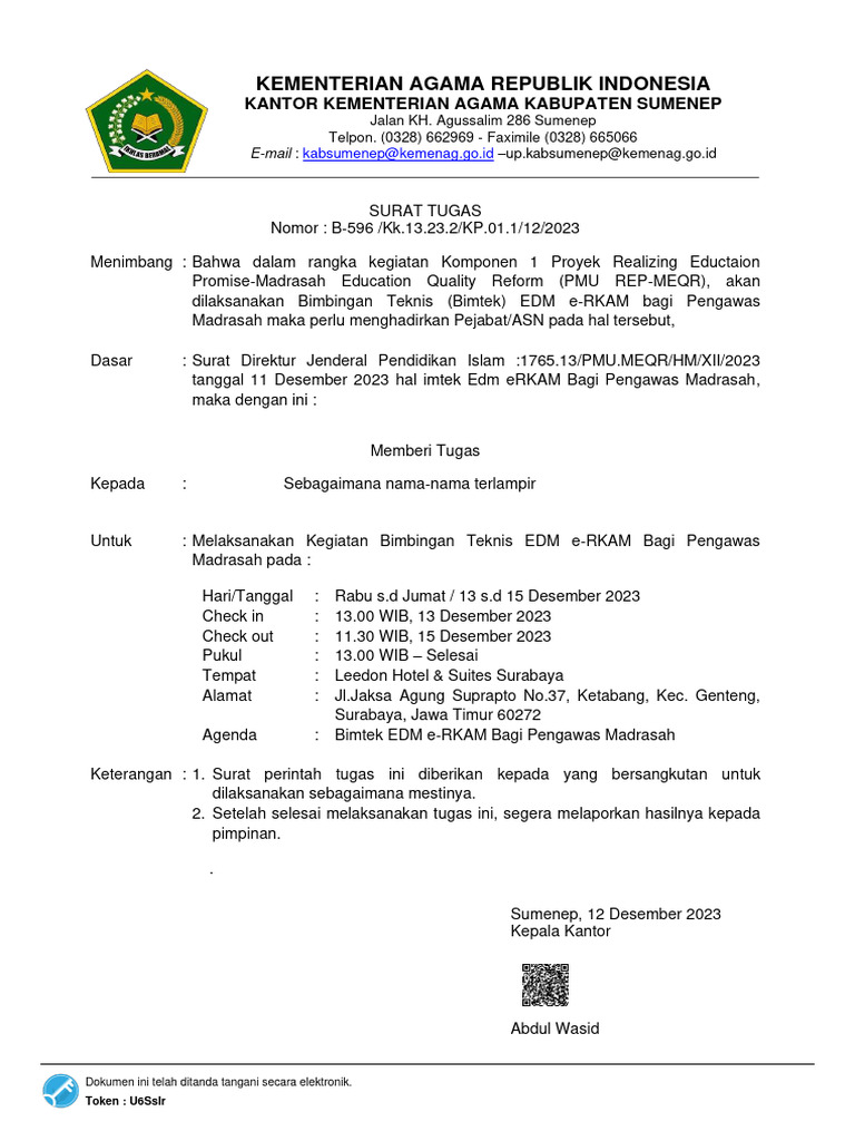 Surat Tugas Bimtek EDM-RKAM 2023 | PDF