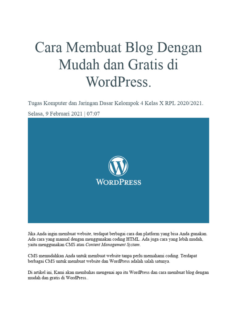 Cara Membuat Blog Dengan Mudah Dan Gratis Di WordPress | PDF | Komputer