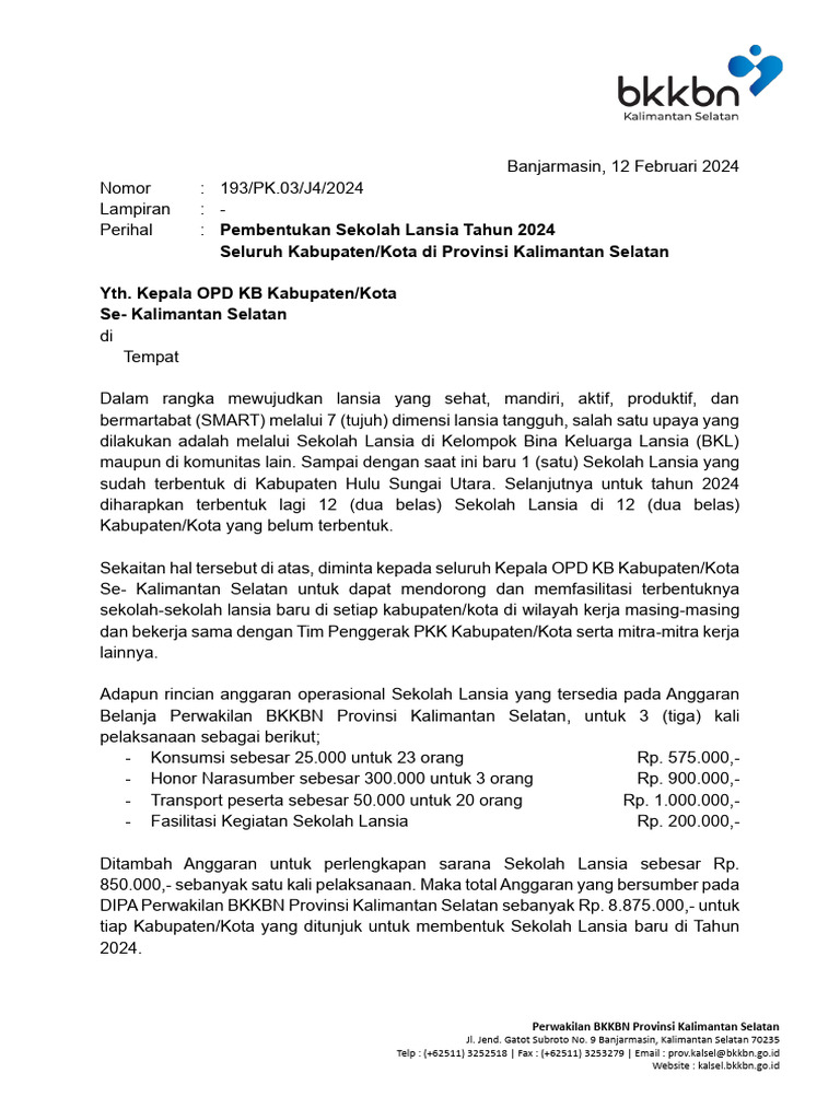 Surat Pembentukan Sekolah Lansia 2024 Prov Kalsel | PDF