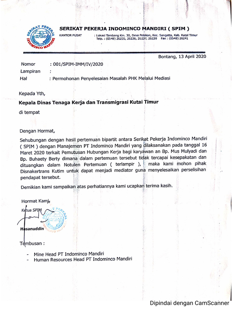 001 SPIM-Surat Permohonan Mediasi PHK 2020 | PDF
