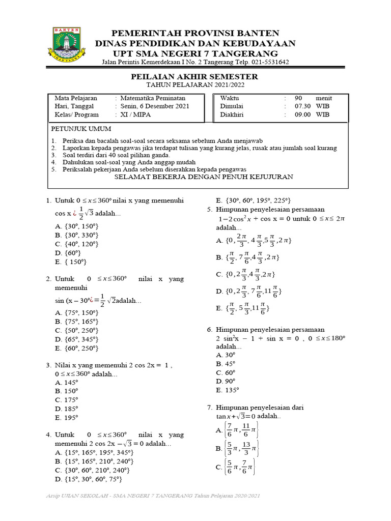 Soal Pas Kelas Xi Mipa MTK Minat | PDF