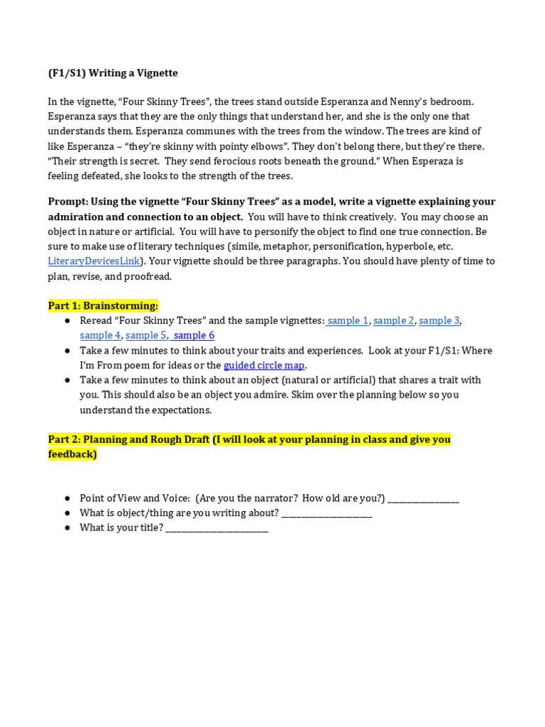 S1 Writing A Vignette Pdf Narrative Narration