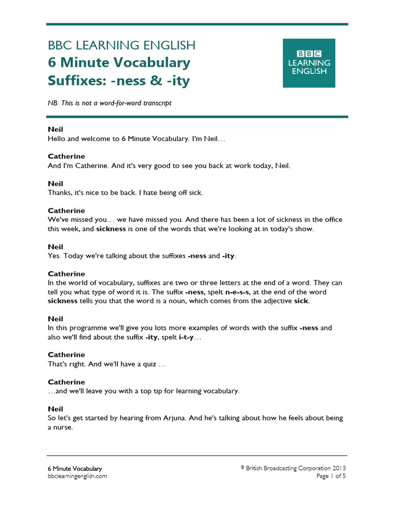b2 U16 6min Vocab Suffixes Ness Ity | PDF | Adjective | Word