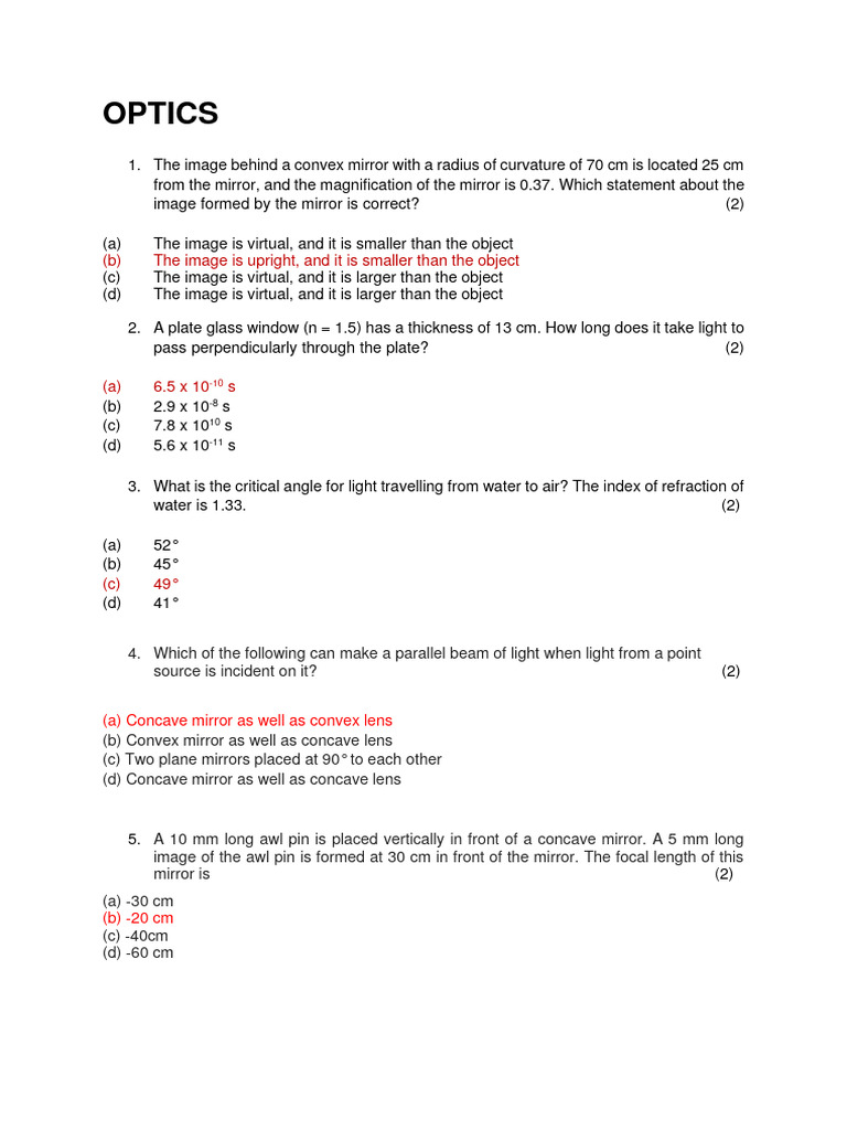 Optics Questions and Answers | PDF | Mirror | Optics
