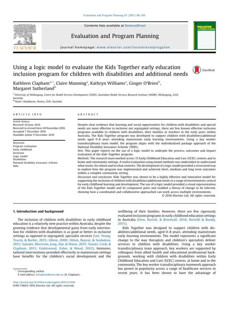 Using A Logic Model To Evaluate The Kids Together Early Education Inclusion Program For Childen ...