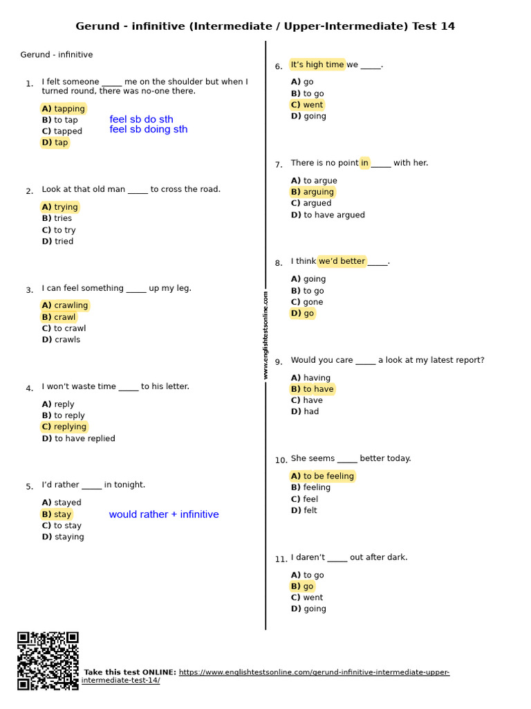 65 - Gerund Infinitive Intermediate Upper Intermediate Test 14 ...