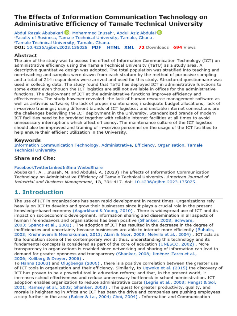 The Effects of Information Communication Technology On Administrative Efficiency of Tamale ...
