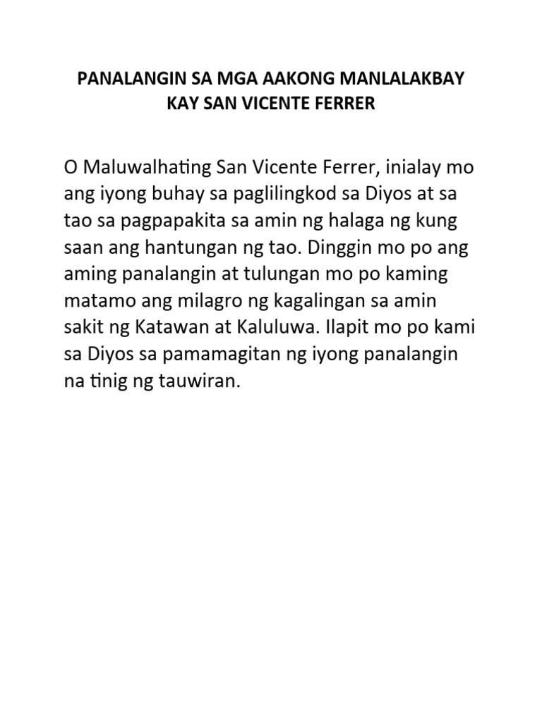 Panalangin Sa Mga Aakong Manlalakbay Kay San Vicente Ferrer | PDF