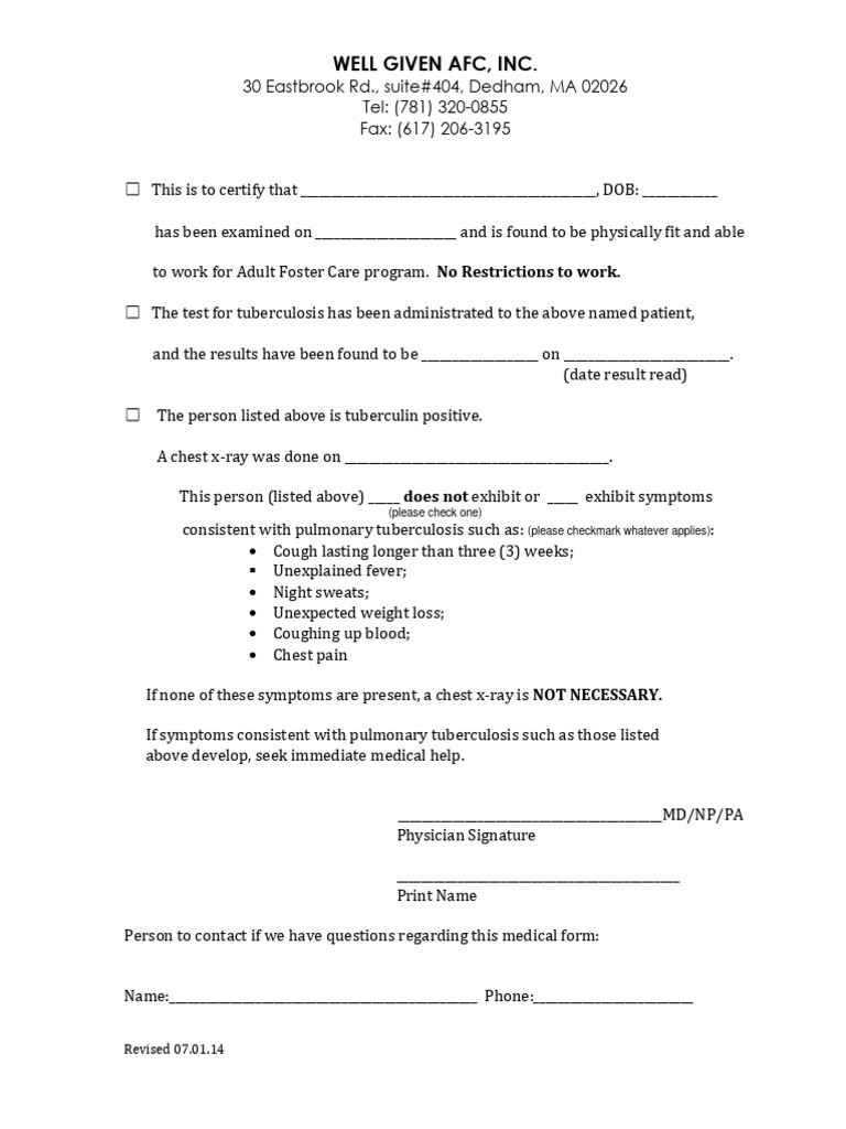 35b Employee TB Physical Form For Positive PPD | PDF | Wellness