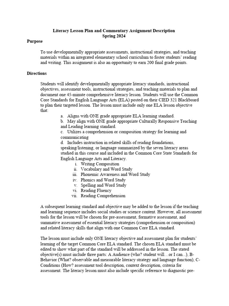 Literacy Lesson Plan for ELA Standards | PDF | Educational Assessment ...
