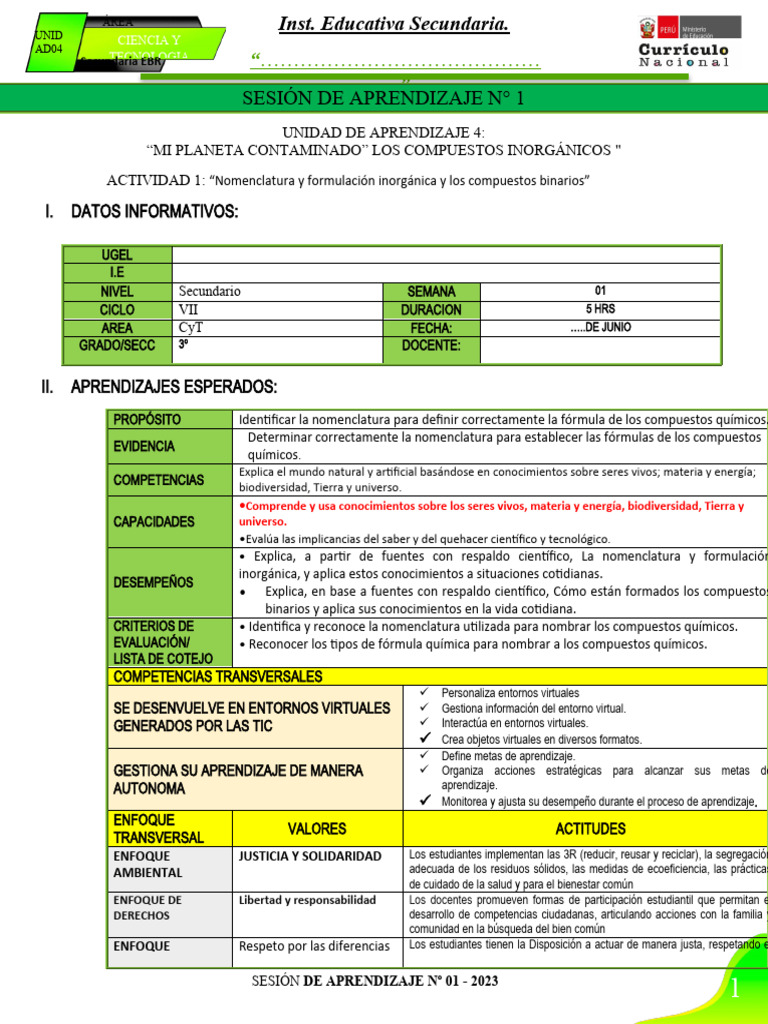 A-3º Ses Act 1-Cyt-Und 4 - Sem 1 | PDF | Compuestos químicos | Química