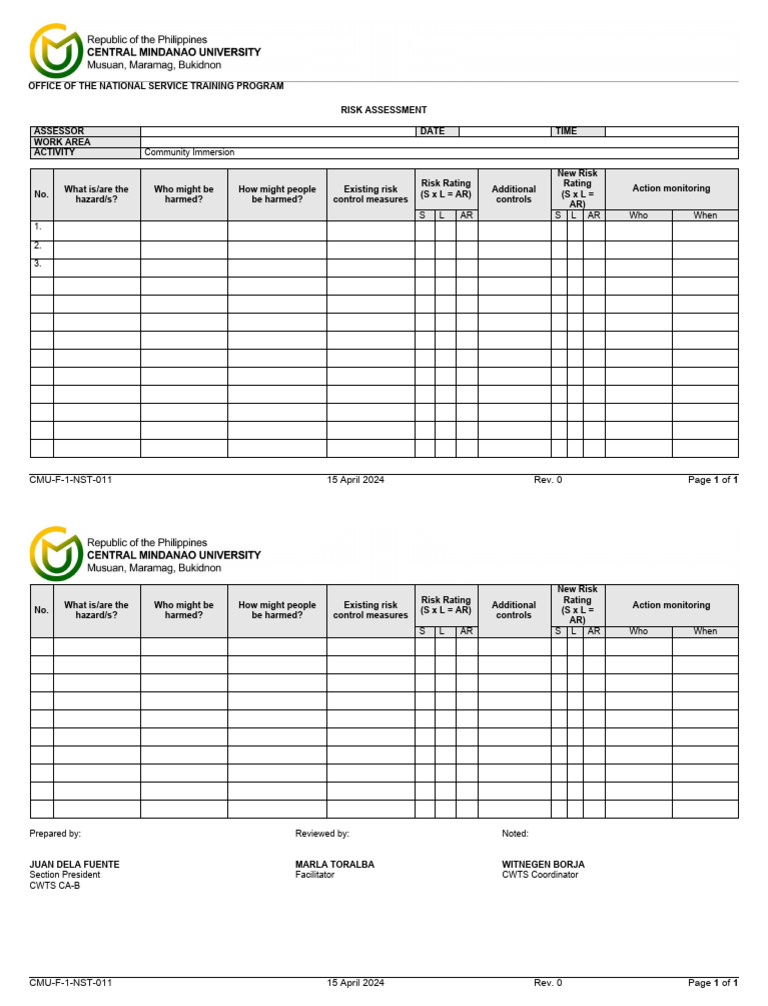 Cmu F 1 NST 011 Risk Assessment | PDF | Safety | Risk