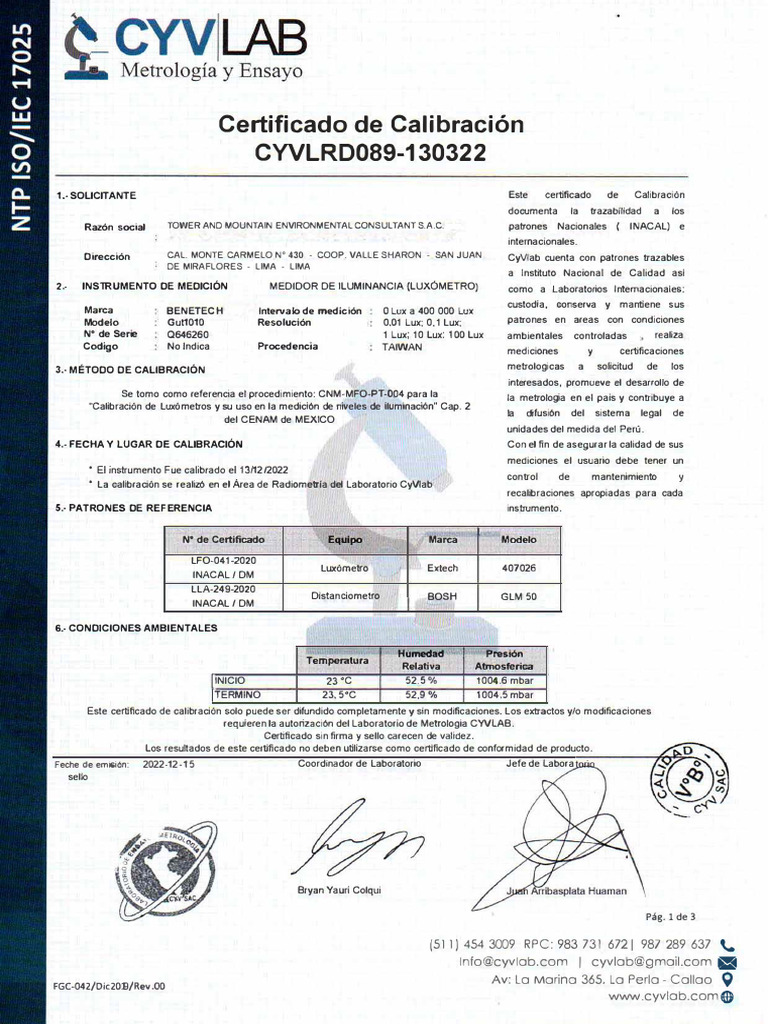 Certificado de Calibracion Luxometro | PDF | Calibración | Teoría de la ...